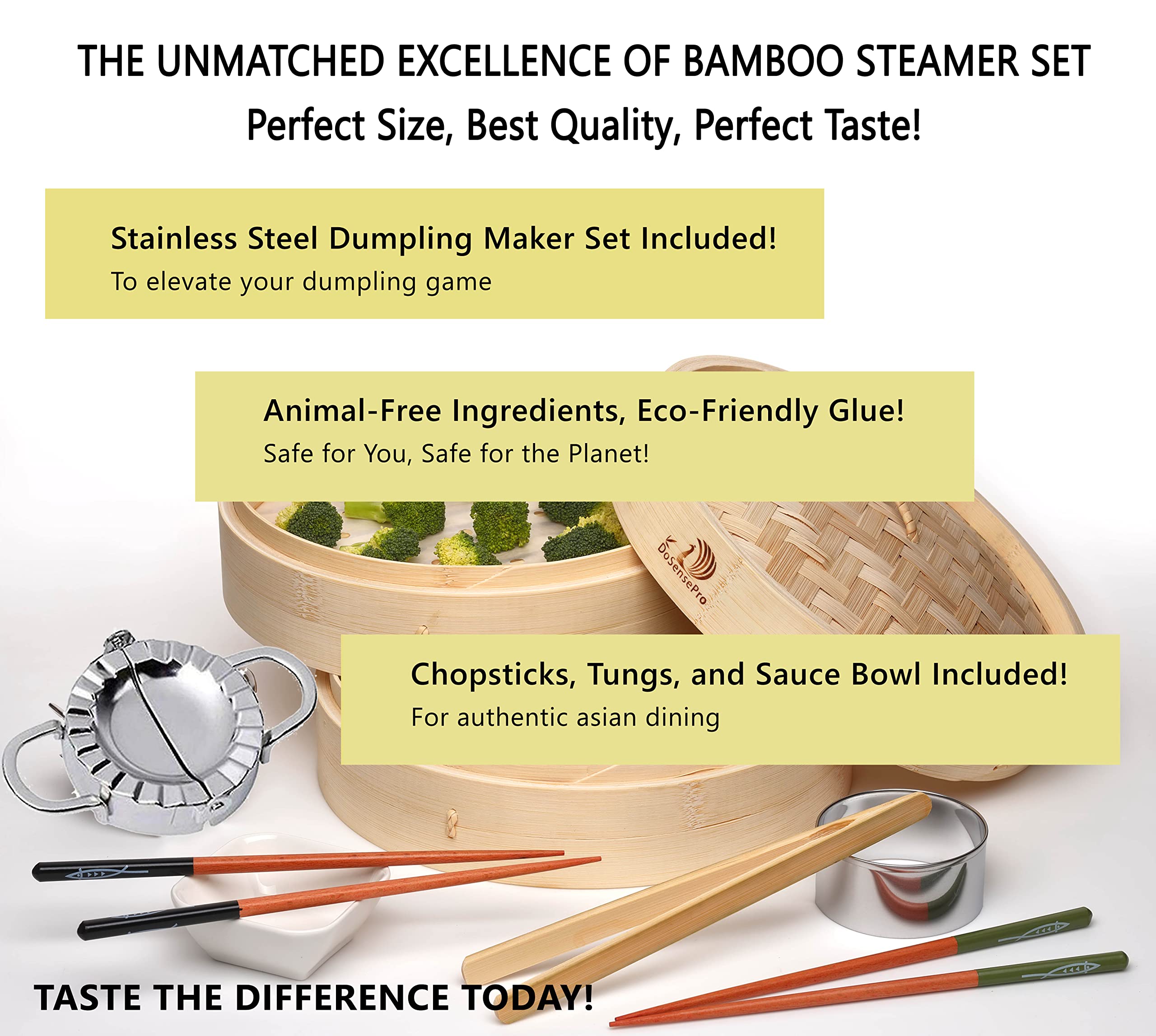 Bamboo Steamer for Cooking 10β -by DoSensePro Includes 2 Tiers, Stainless Steel Dumpling Maker, Liners, Ceramic Dish, and Bamboo Tongs. Dumpling Steamer Basket Cooker for Healthy Low-Fat Diet
