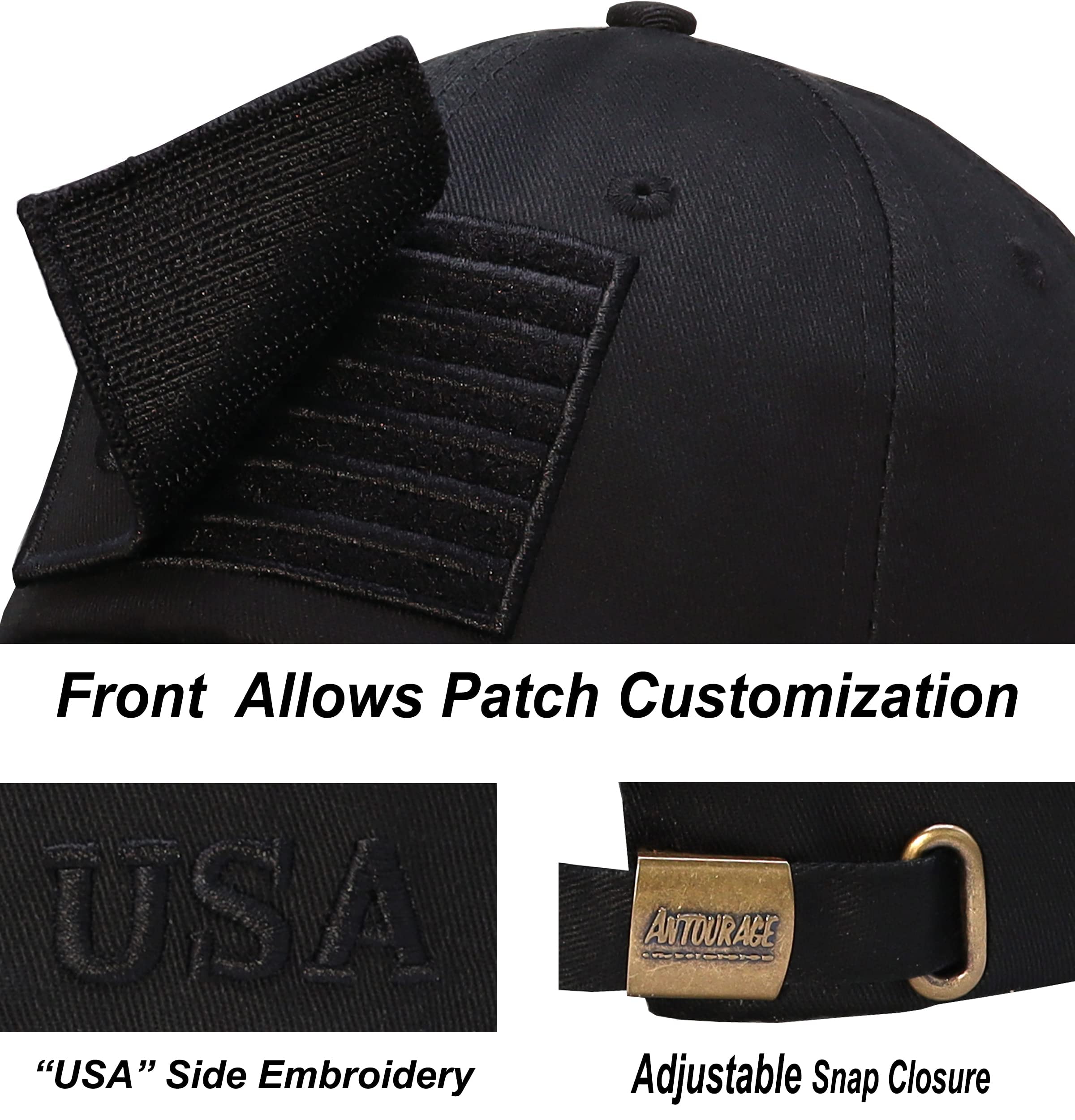 Antourage American Flag Unconstructed Hat for Men and Women Twill Mesh Snapback Baseball USA Flag Cap + 2 Patriotic Patches ((10.8) Black Classic)