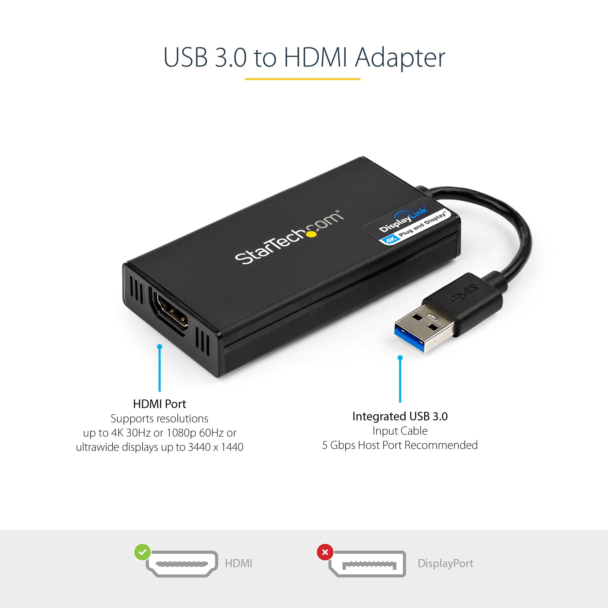 StarTech.com USB 3.0 to HDMI Adapter, 4K 30Hz UHD, USB to HDMI Display Adapter, External Adapter for Mac & Windows, TAA