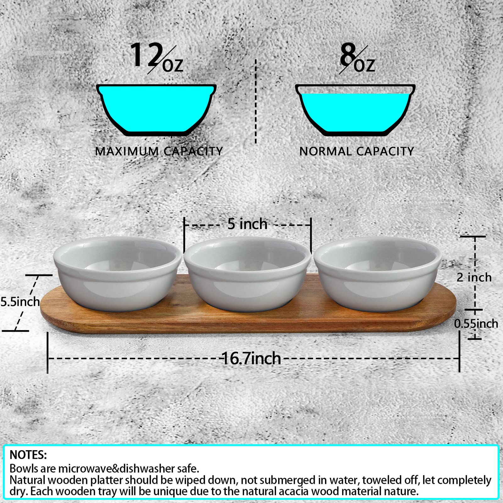 Artena 12 oz Solid Ceramic Chip and Dip Serving Set with Acacia Wooden Tray, 5-inch Grey Dipping Bowls, Small Serving Bowls for Side Dishes, Salsa, Appetizer, Serving Dishes for Entertaining