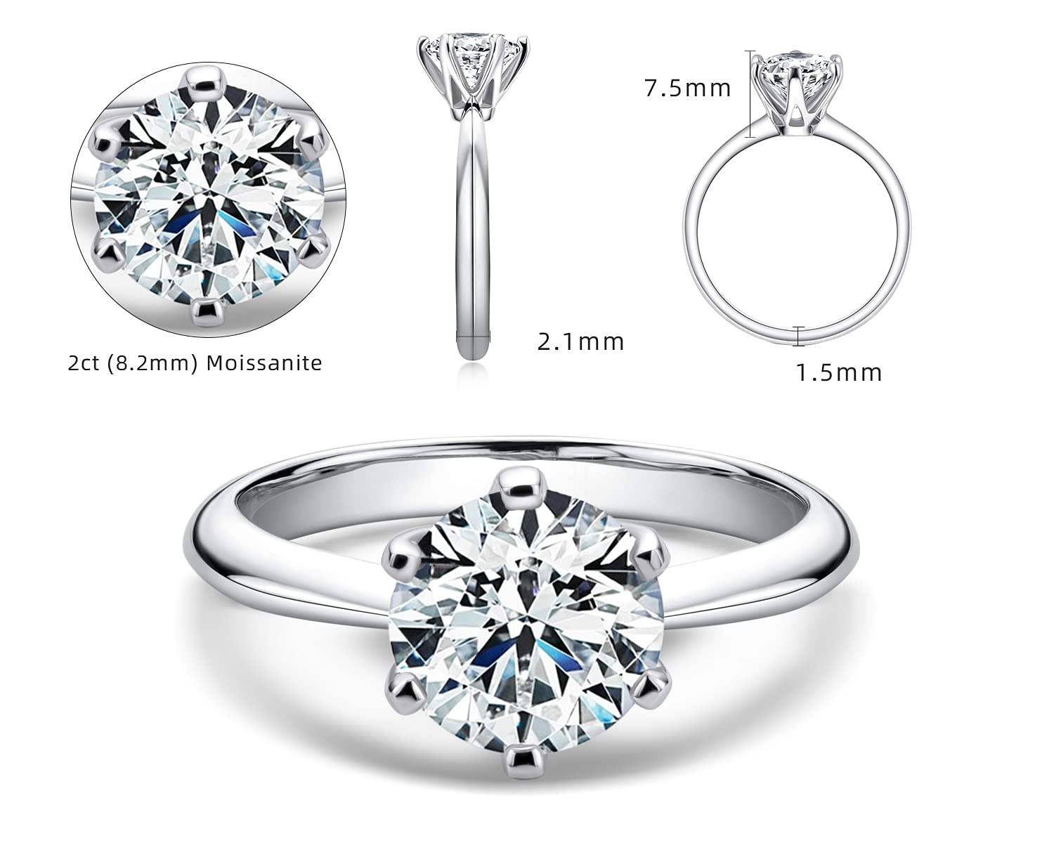 AINUOSHI Sterling Silver Moissanite Ring, 2.0ct Round Cut Wedding Ring, D-E Color Grade, Perfect for Wedding, Engagement Proposal and Anniversary.