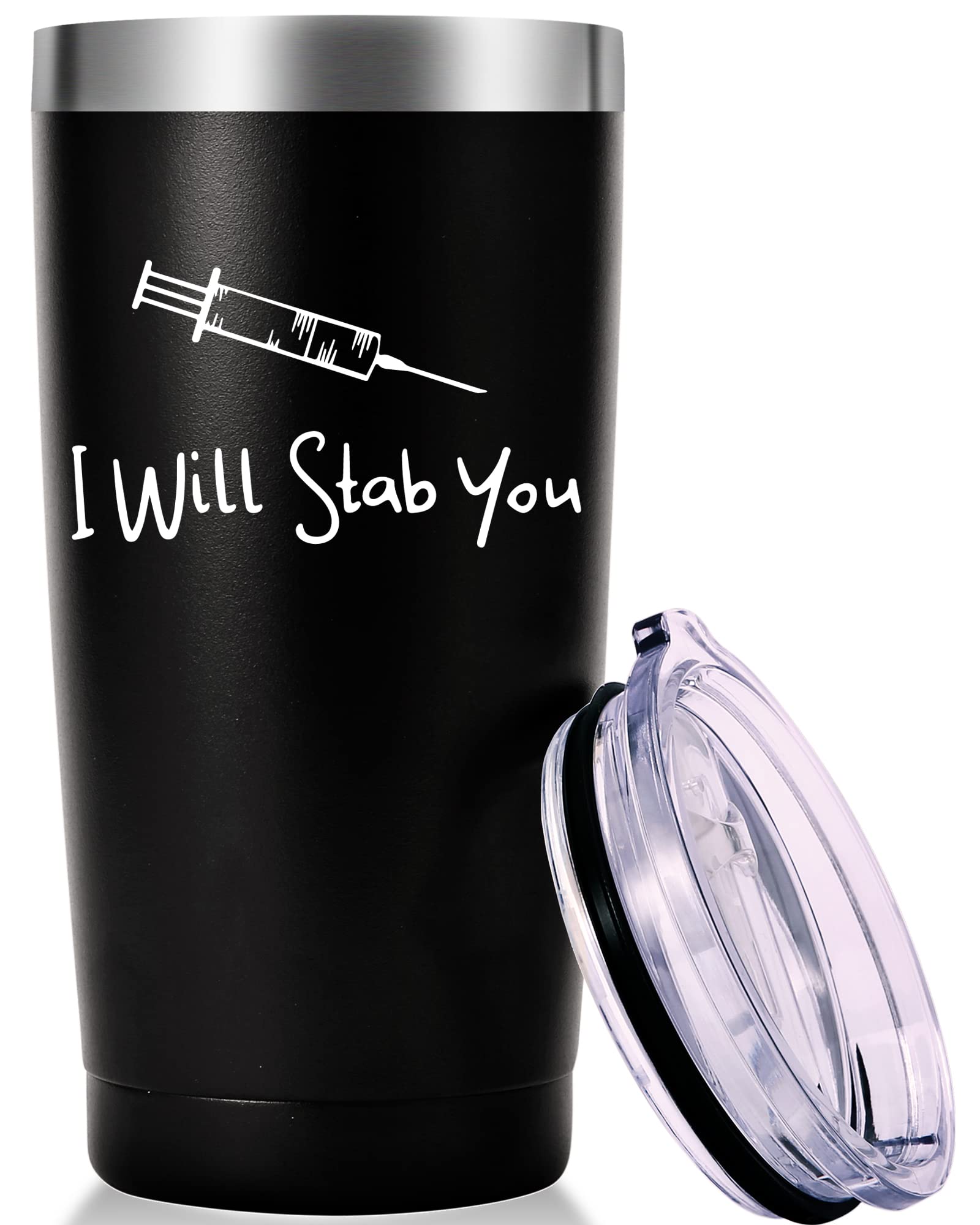 AMZUShome I Will Stab You Travel Mug Tumbler.Nurses Week,Nurse Practitioner,Nurse Appreciation,Nursing School Graduation Gifts.Retirement Birthday,Christmas Gifts for Nurse.(20oz Black)