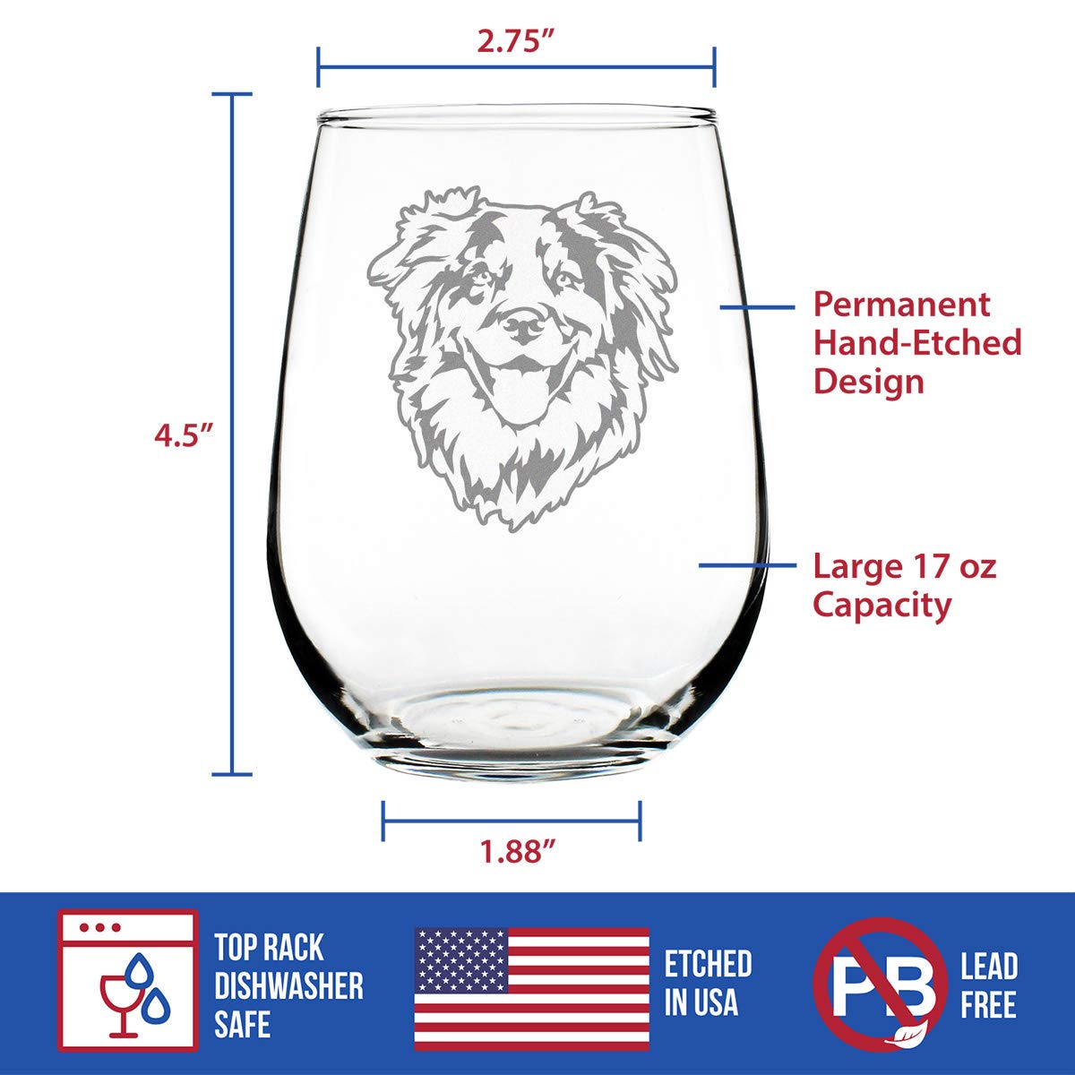 Australian Shepherd Face - Stemless Wine Glass - Unique Dog Themed Decor and Gifts for Lovers of Aussies - Large 17 Ounce