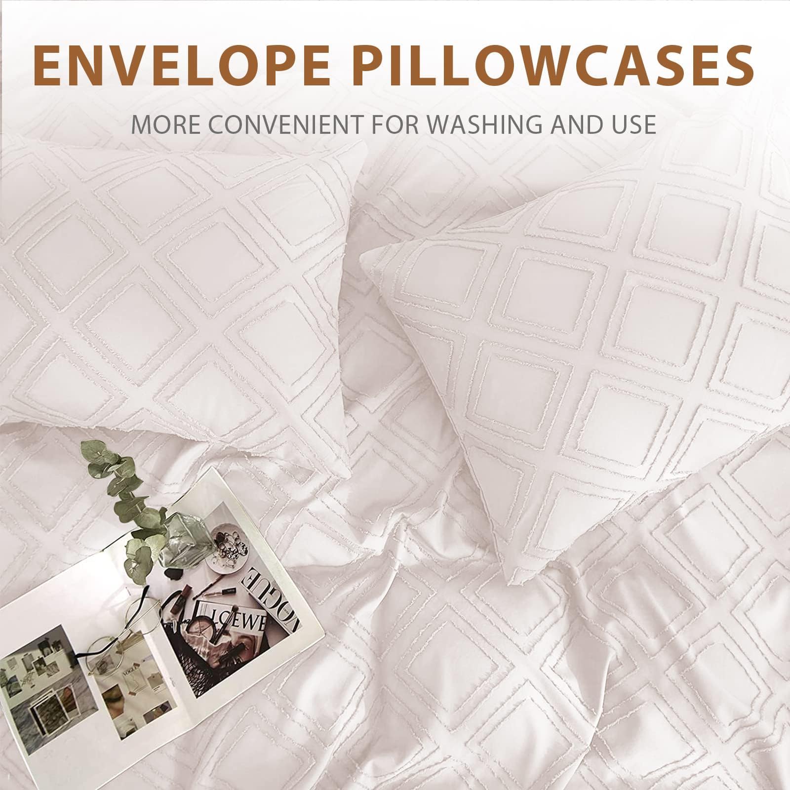 MUXHOMO Duvet Cover Queen Size - Beige Tufted Duvet Cover Set, Ultra Soft Boho Texture Bedding Set of 3 Pieces (1 Comforter Cover + 2 Pillowcases) with Double-Zipper Closure