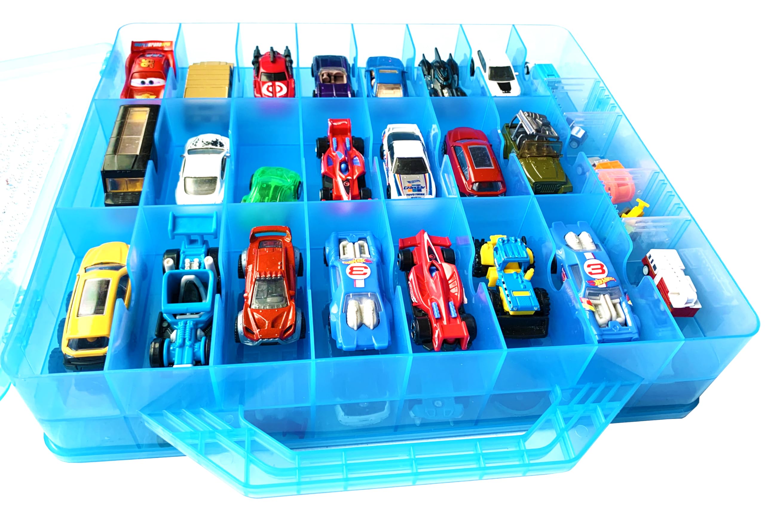 HOME4 Double Sided BPA Free Toy Storage Container - Compatible with Mini Toys Brands, Small Dolls Hot Wheels Tools Crafts - Toy Organizer Carrying Case - 48 Compartments - Cars Not Included (Clear)