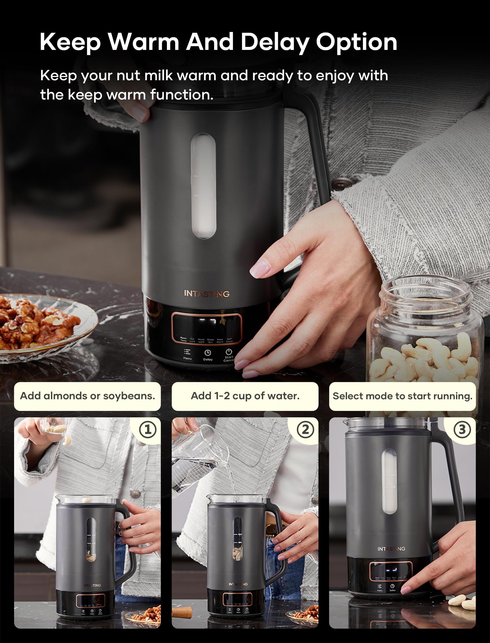 INTASTING Automatic Nut Milk Maker - Glass Inner - Homemade Almond, Oats, and More Grain - Soy Milk Machine with 6 Preset Modes - Keep Warm, Delay Timer, Boil Water, Self-Clean - Boil-Dry Protection