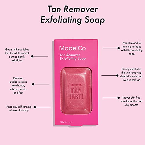 MODELCO Tan Remover Exfoliating Soap - Lather, Scrub And Go - Instantly Remove Self-Tan Like Never Before - Enriched With Goats Milk And Natural Pumice - Prep Skin And Fix Tanning Mishaps - 4.41 Oz