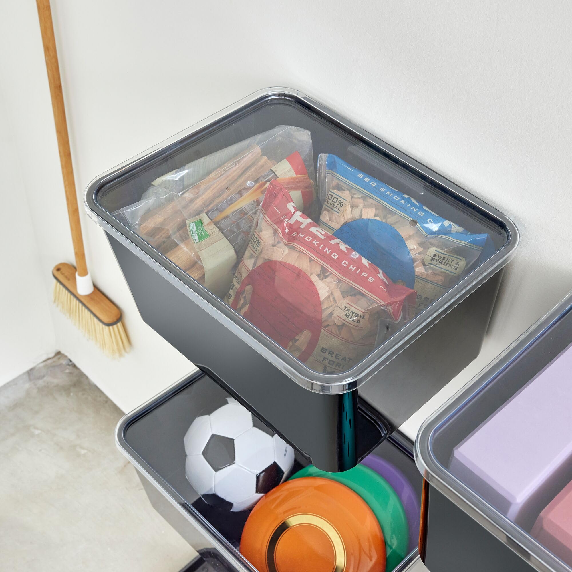 iDesign Storage Bin with Lid & Wall Mount Bracket, The Wallspace Collection β 16" x 12" x 8", Clear Bin