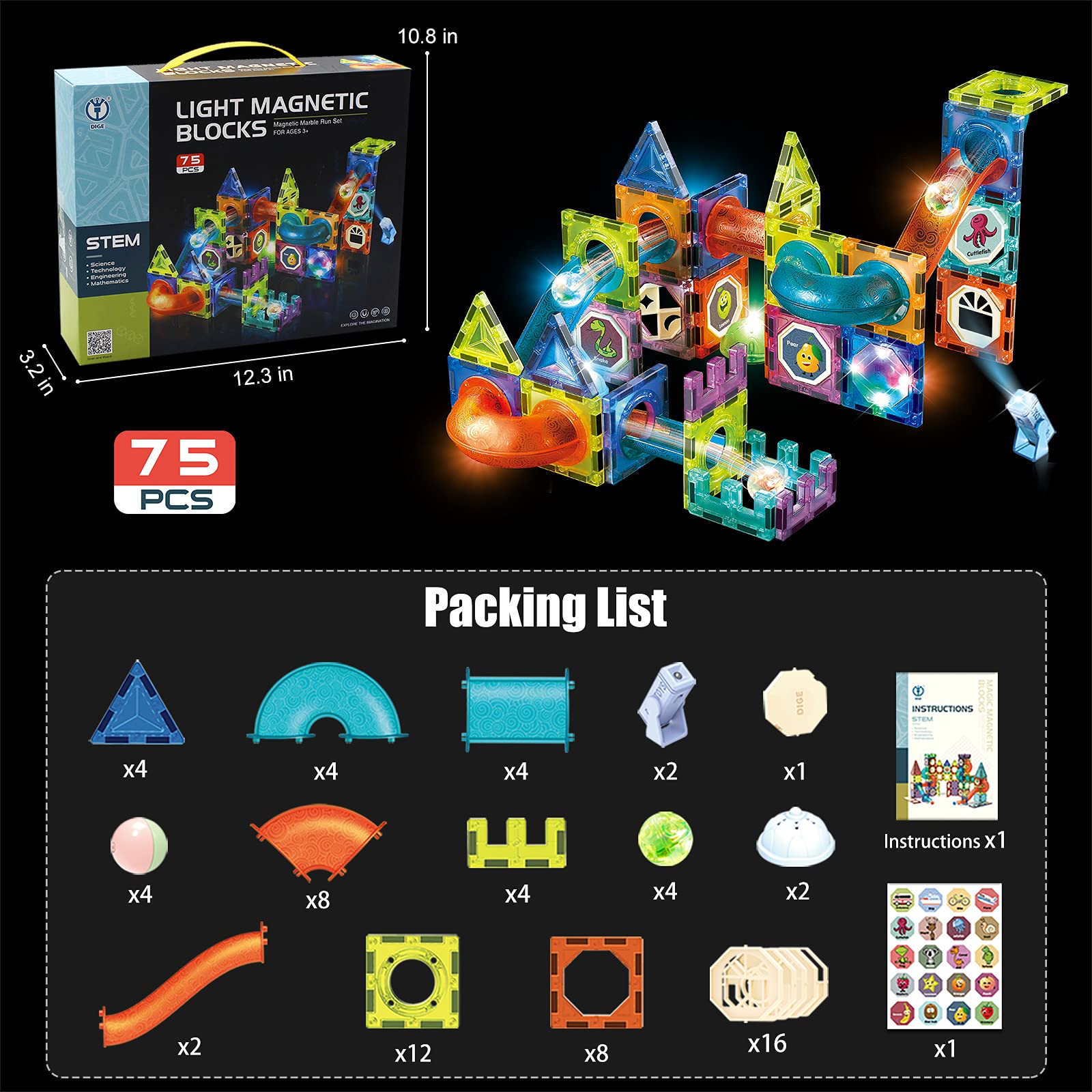 Hitish Magnetic Marble Run Set, 75 Pcs Magnetic Tiles 3D Building Blocks STEM Learning Toys, Magnetic Race Track Play Set Magnet Construction Toys for Boys Girls Ages 3+