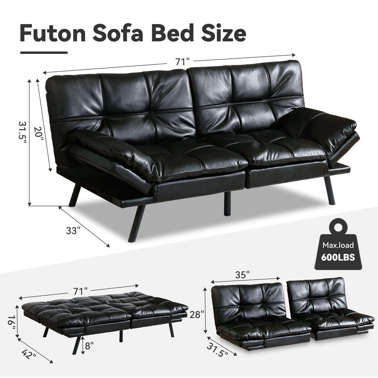 Hcore, Convertible Sleeper, Memory Foam Futon Couch,Loveseat Bed,Small Splitback Modern Sofa Sofabed, Black