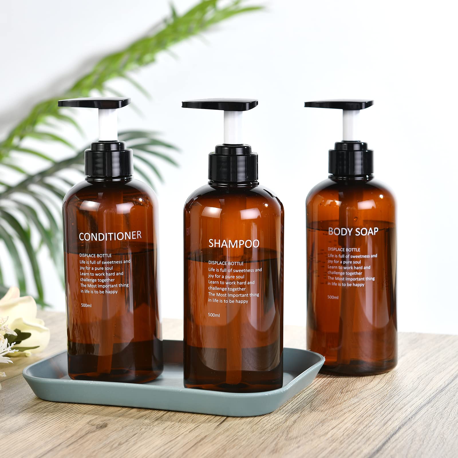 BasedFloor Shampoo and Conditioner Dispenser -3pcs 16.9oz/500ml Amber Plastic Empty Refillable Pump Lotion Bottle Containers Set for Bathroom Shower Body Wash