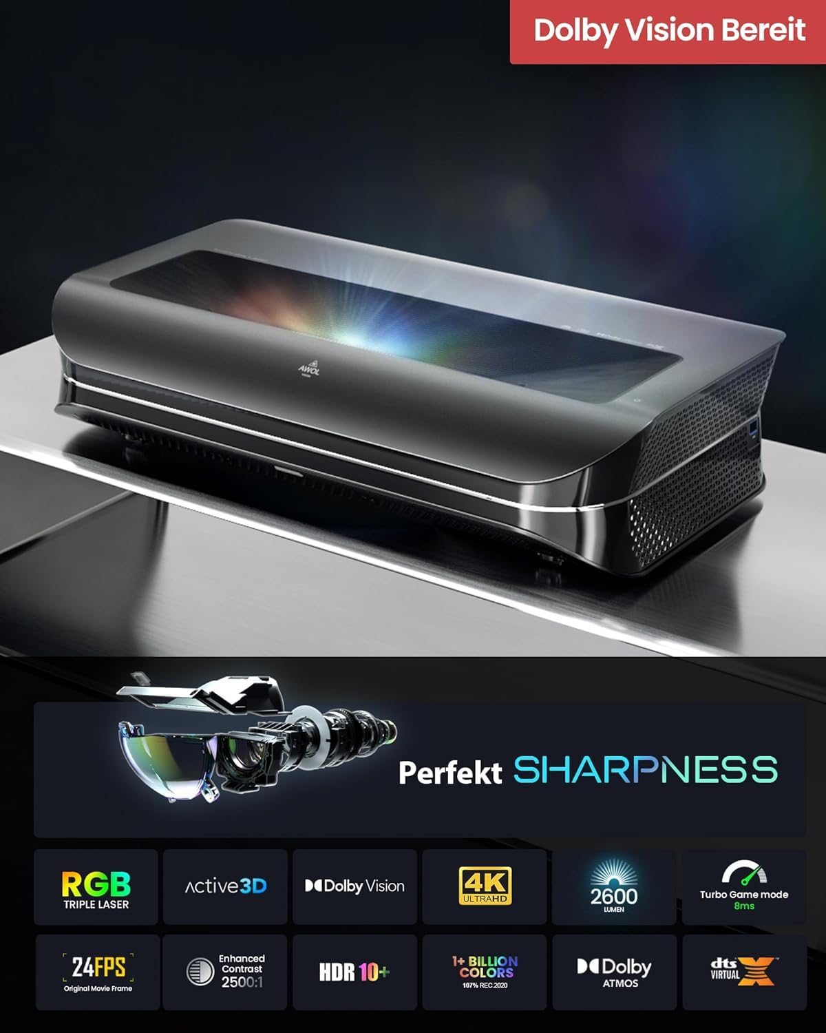 AWOL VISION LTV-2500 and 120" Motorized ALR Floor Rising Projector Screen,Active 3D, 150", 2600 Lumen, HDR10+, UST Laser TV Projector (Fire TV Stick 4K Max Included)