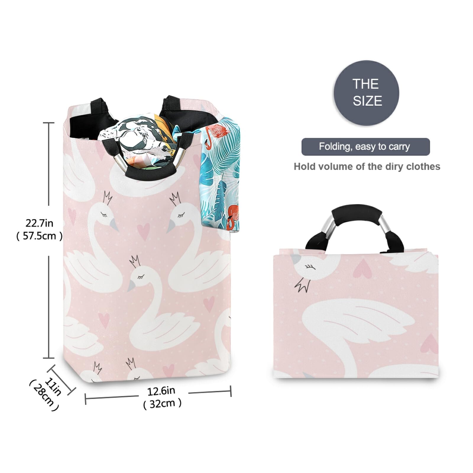 AGONA Cute White Swan Princess Pink Laundry Basket with Handles Large Storage Bin Collapsible Fabric Laundry Hamper Foldable Laundry Bag for Kids Room Toy Bins Gift Baskets Bedroom Baby Nursery