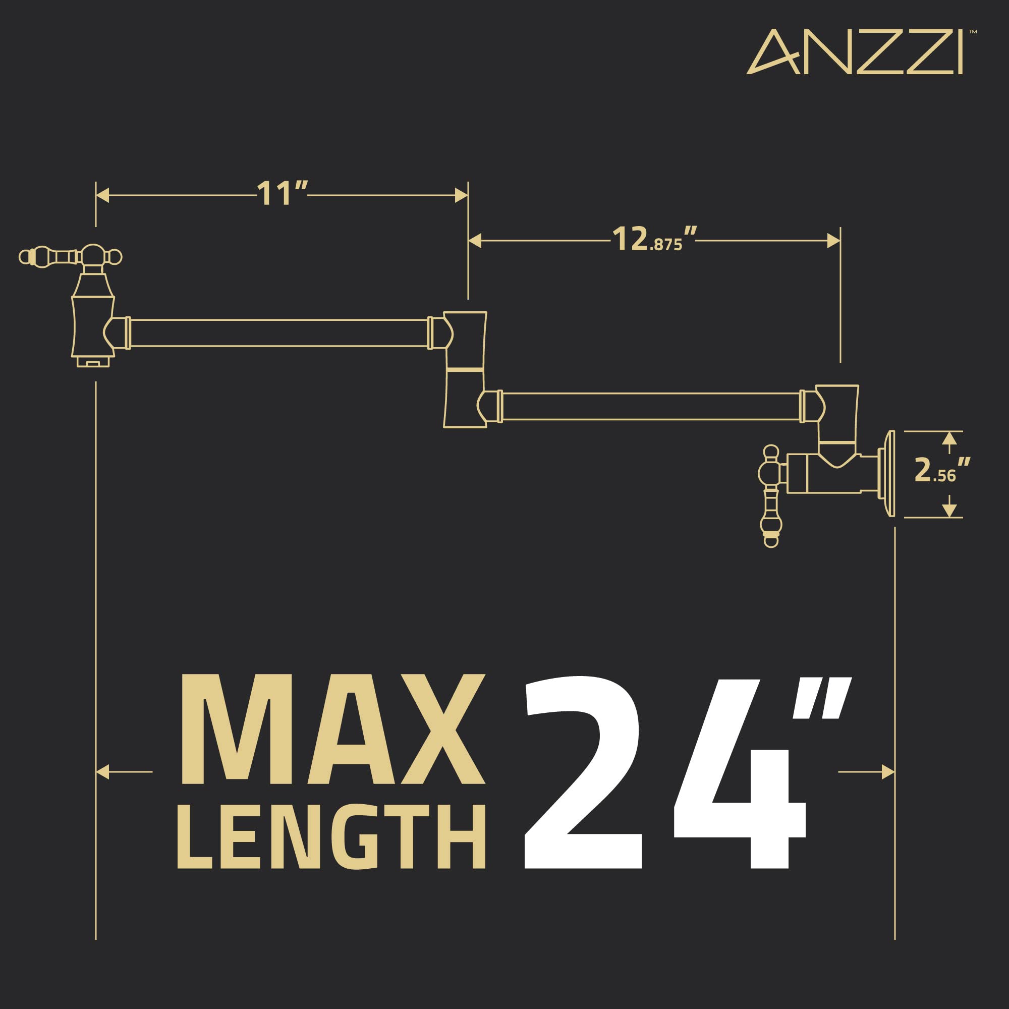 Anzzi Wall Mount Pot Filler Faucet, Double Joint Swing Arms, Single Hole, Solid Brass Interior, Stainless Steel Finish, Matte Black & Brushed Gold, 2 Handle (KF-AZ259MBBG)