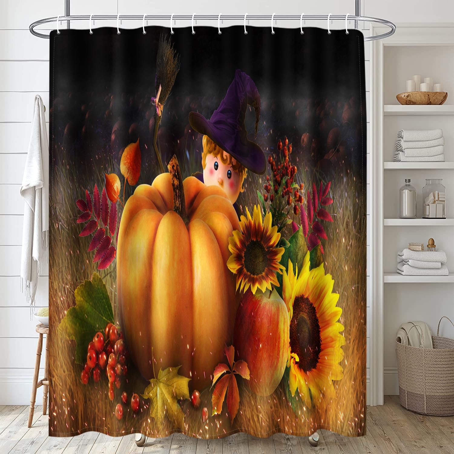 ArtSocket Witch Pumpkin Bathroom Sets with Shower Curtain and Rugs and Accessories, Fall Sunflower Leaf Autumn Orange Black Shower Curtain Sets, Thanksgiving Shower Curtains for Bathroom Decor 4 Pcs