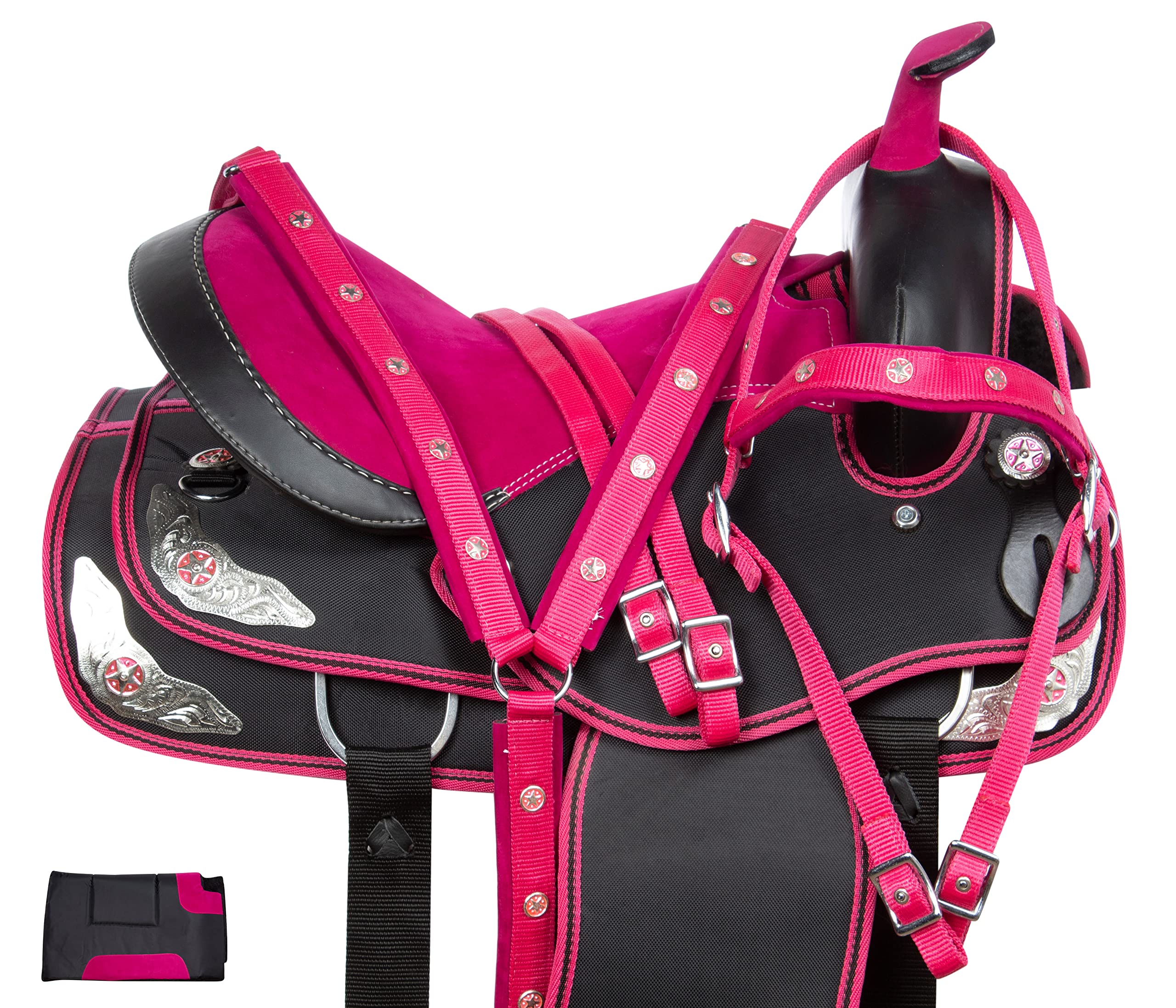 Acerugs Beautiful Western Pleasure Trail Barrel Racer Show Horse Saddle TACK Set PAD Silver Crystals (Pink, 14")