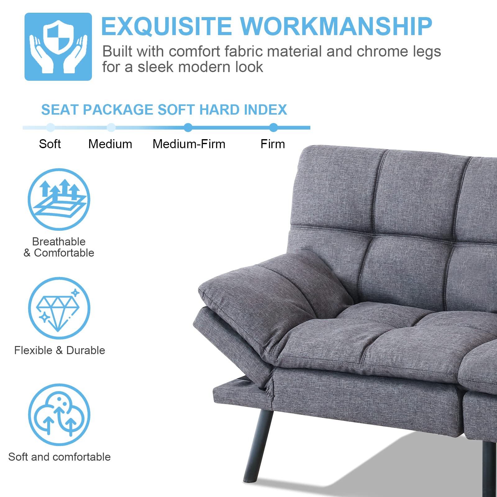 MUUEGM Futon Sofa Bed Convertible Futon Couch Bed Memory Foam Futon Sofa Sleeper,Adjustable Armrest&Backrest Full Size Futon Lounge Couch for Office Apartment Living Room,Grey