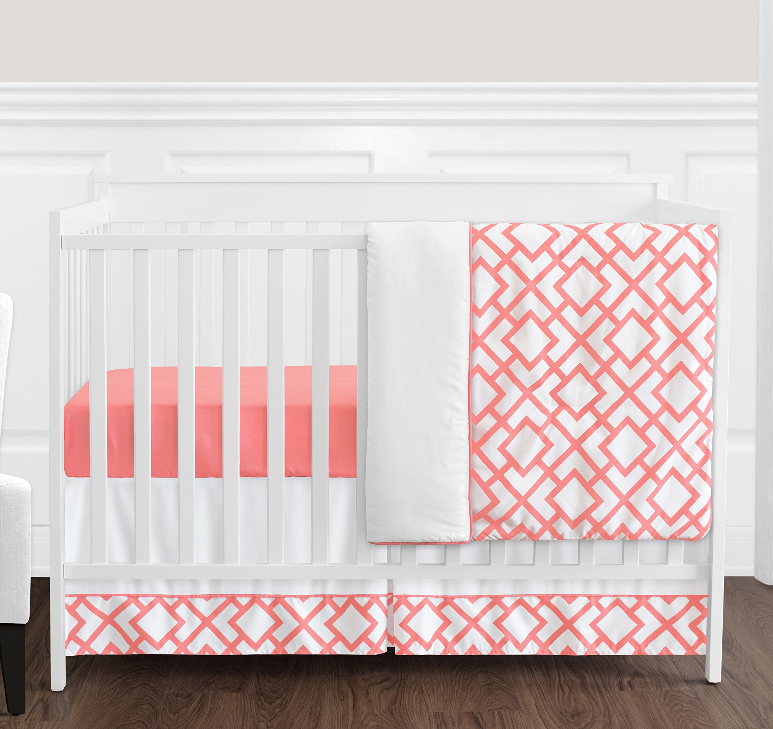 Modern White and Coral Diamond Geometric Girls Baby Bedding 4 Piece Crib Set Without Bumper