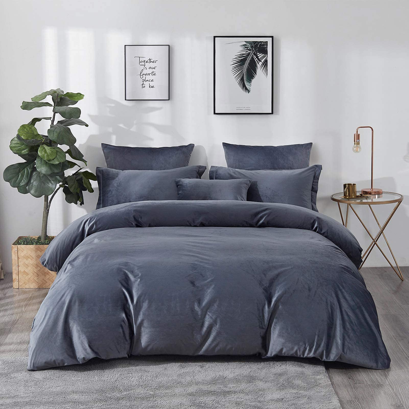 David's Home Velvet Duvet Cover Set King, Soft and Luxurious Flannel Comforter Cover 3PCS with Corner Ties, Button Closure, 106β x 92β, Greyish Blue, No Insert