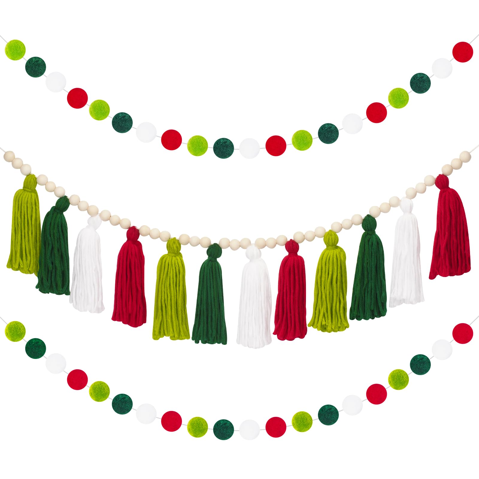 Anwyll Tassel Garlands,Christmas Tassel Garlands with Wood Beads,Tassel Wall Hanging Decor,Classroom Home Decor Pastel Tassel Garland with 2Pcs Pom Pom Balls Garlands for Christmas Holiday Party