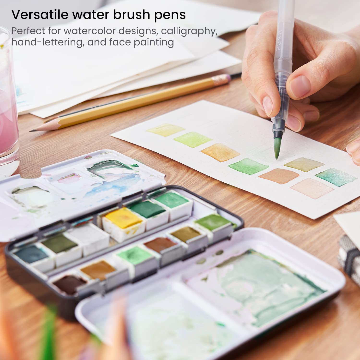 ARTEZA Water Brush Pen, Set of 6, Fine, Medium, Broad Tips, Self-Moistening Water Brush, Refillable Water Pen