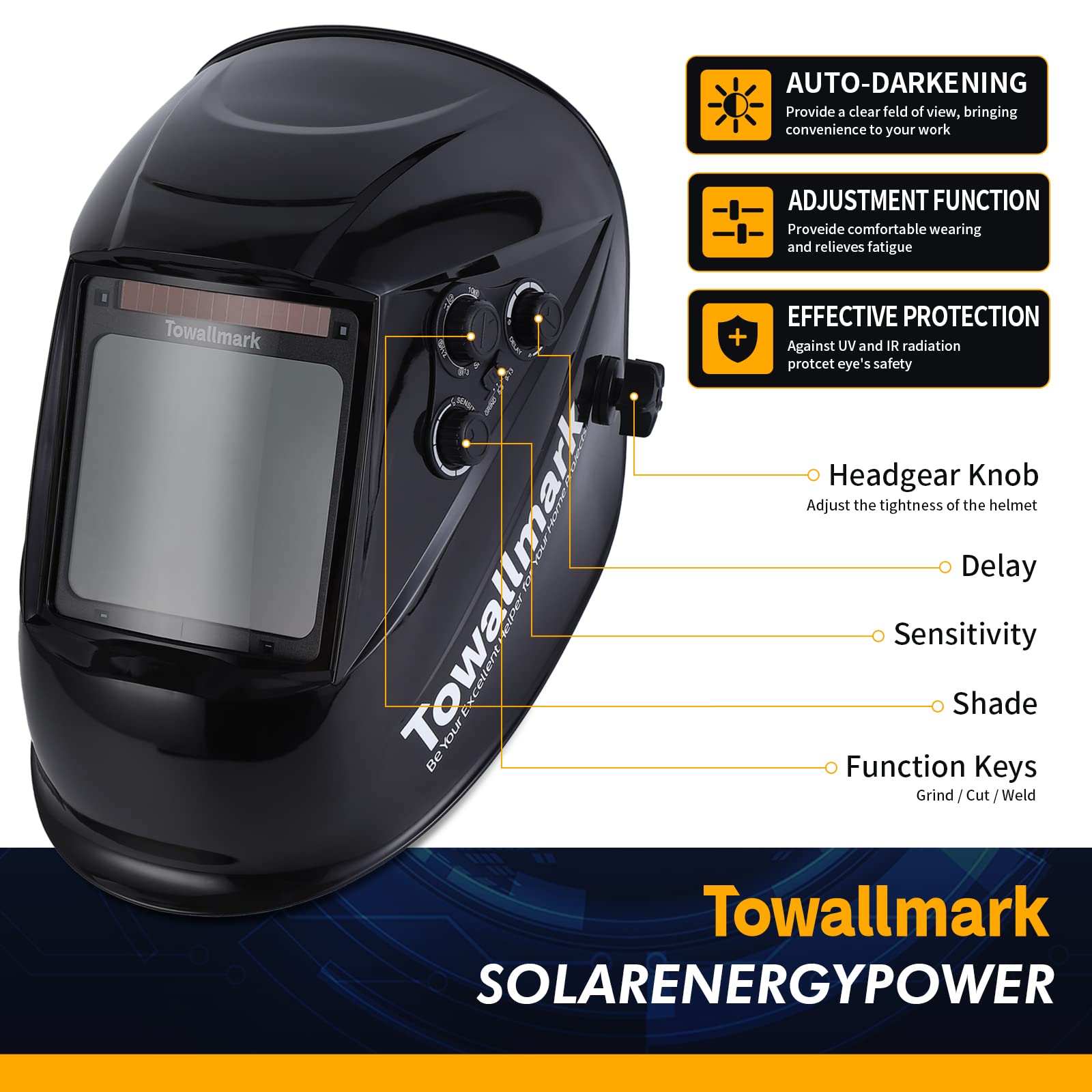 Auto Darkening Welding Helmet, 3.95”×3.9” Large Viewing Welding Hood, True Color Solar/Battery Powered Welder Mask, 4 Arc Sensor Wide Shade 4~5/9-9/13 for TIG/MIG/Stick/Cut