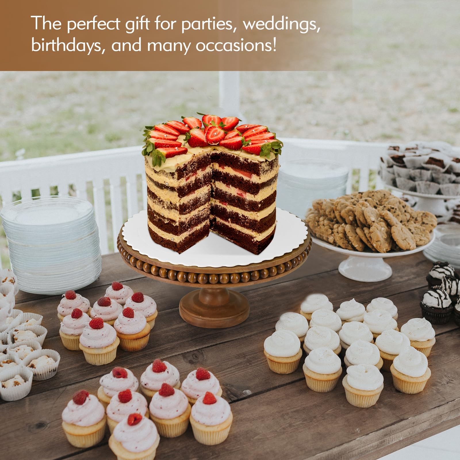Ameuphercy Round Wooden Cake Stand with Disposable Cake Board, 9.9 in Diameter, 5 in Height, Brown