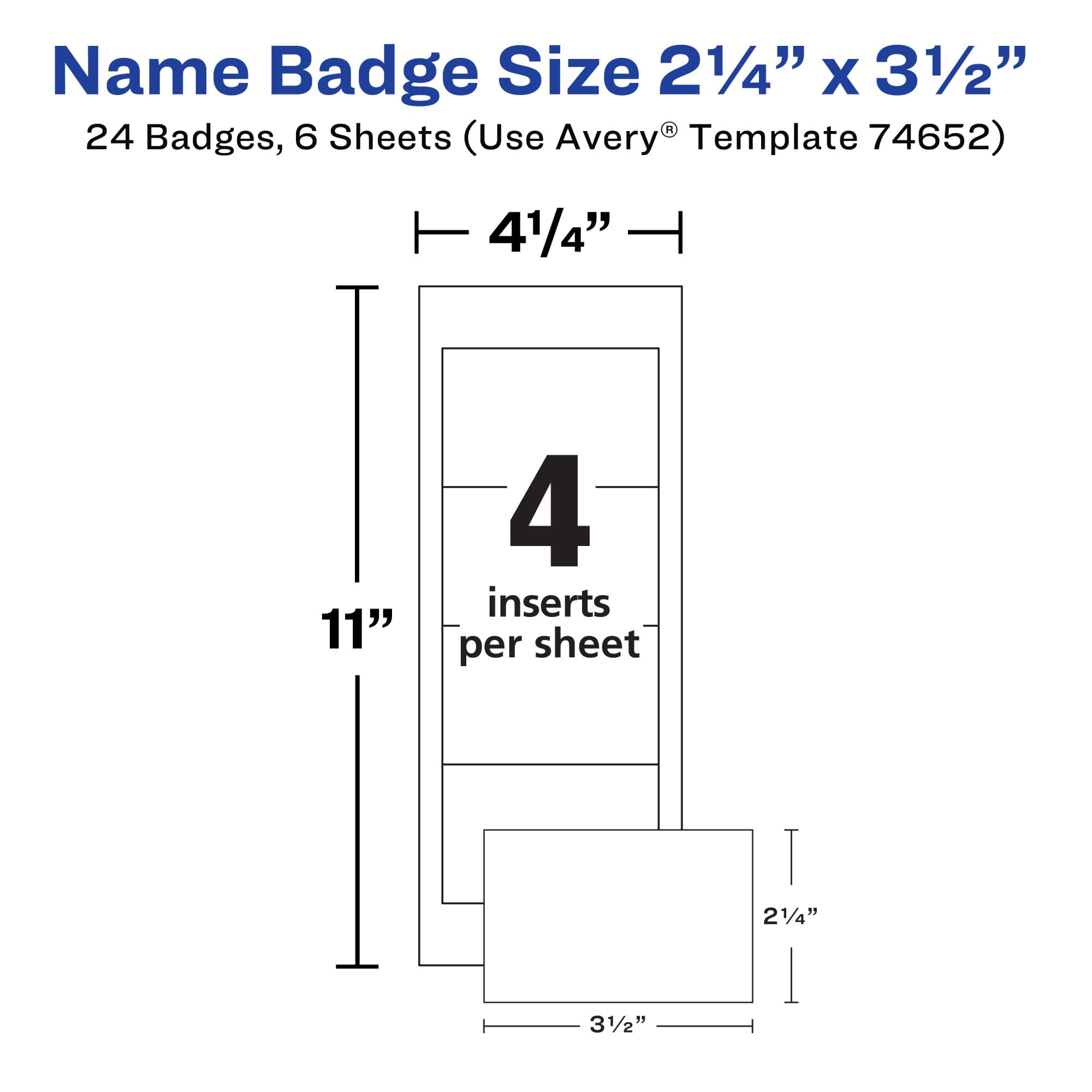 Avery Customizable Name Badges with Pins, 2.25" x 3.5", Clear Name Tag Holders with White Printable Inserts, 24 Pin Style Name Badges (74652)