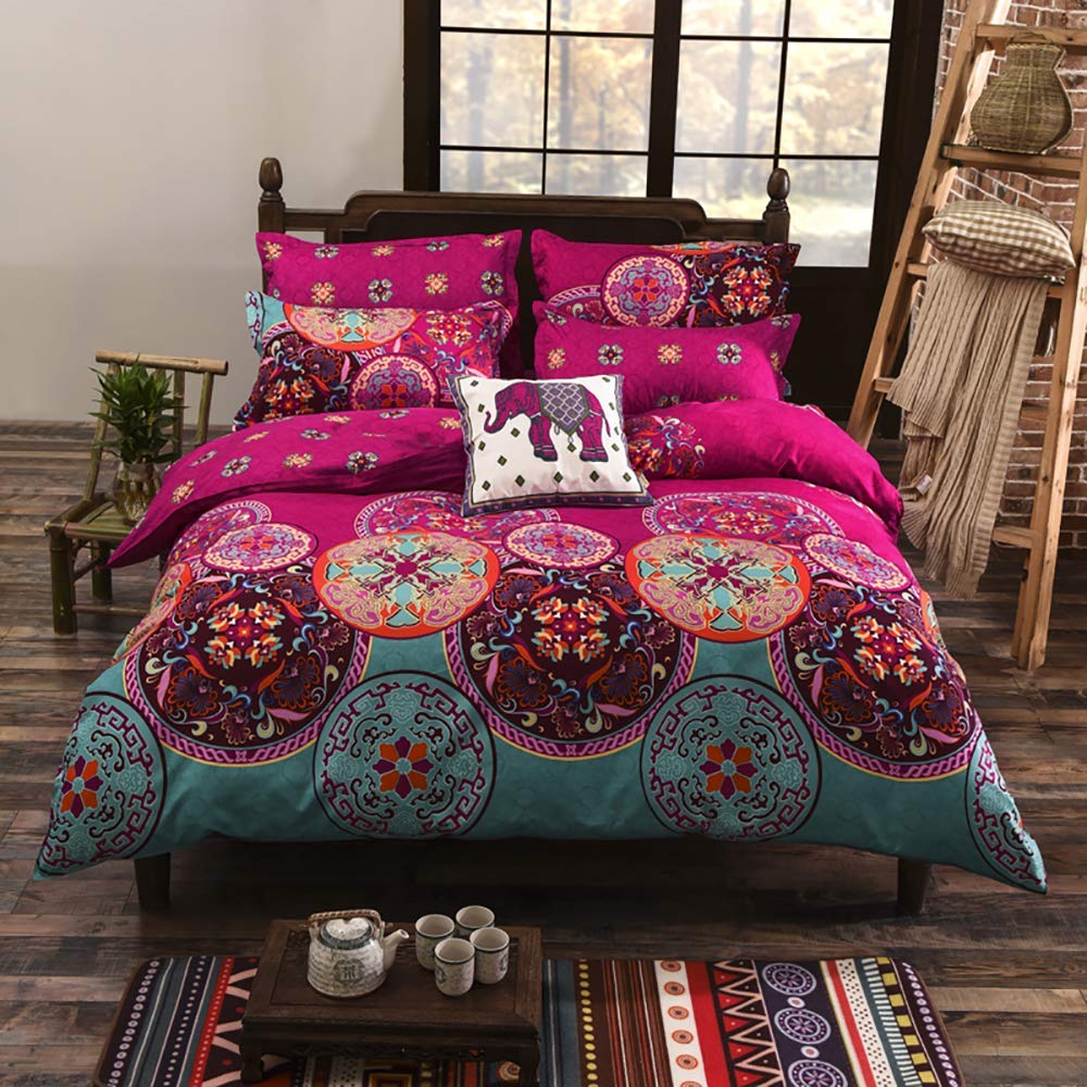 DasyFly 4PCS Bohemian Bedding Lightweight Microfiber Boho Duvet Cover Set Full Queen Size Rose Red Floral Bedding Mandala Duvet Cover with Zipper