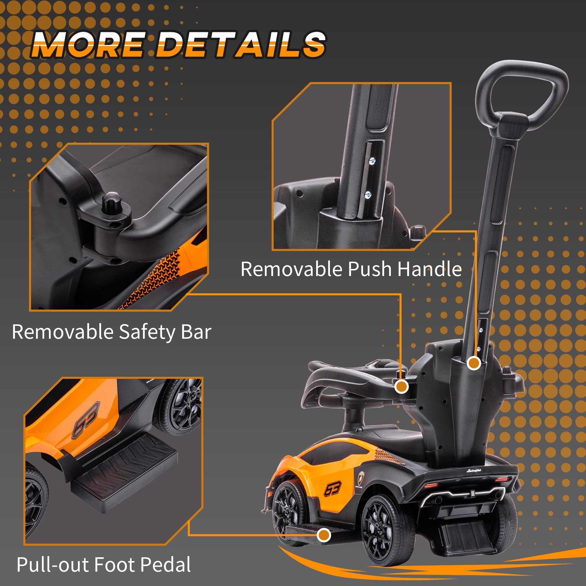 Aosom 2-in-1 Ride On Push Car for Toddlers 1-3, Licensed Lamborghini Stroller Sliding Car, Push-Along with Under Seat Storage Horn Engine Sound and Steering Wheel, Manual, Orange