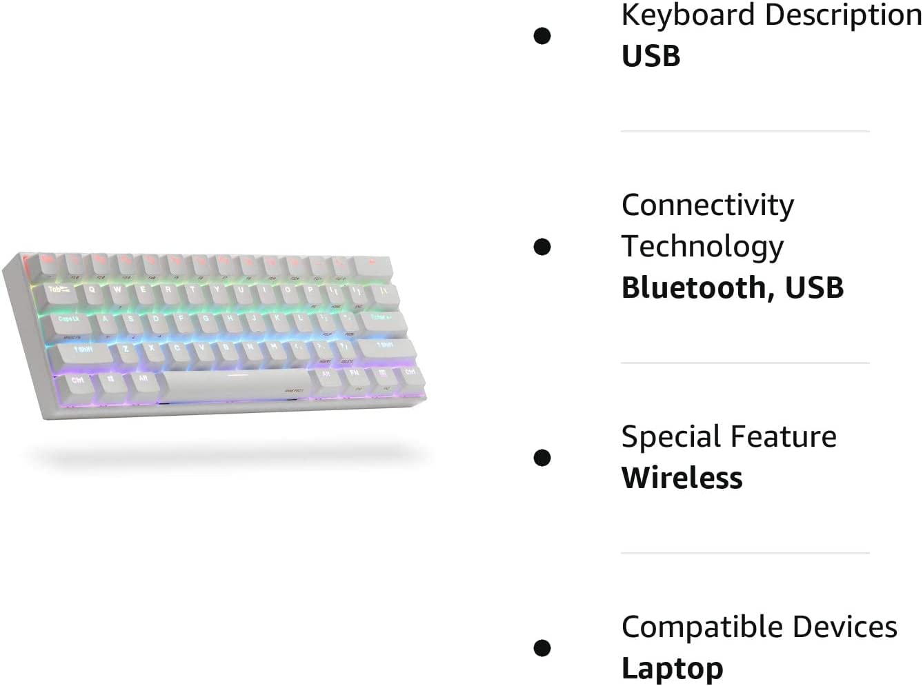Anne PRO 2D, 60% Wired/Wireless Mechanical Keyboard (Gateron Red Switch/White Case) - Full Keys Programmable - True RGB Backlit - Tap Arrow Keys - Double Shot PBT Keycaps - NKRO - 1900mAh Battery