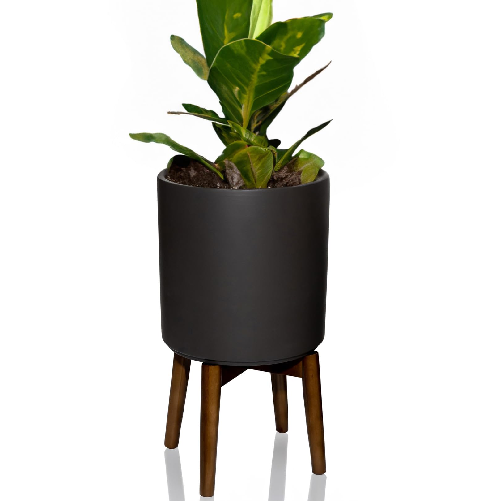 APOC HOME 10 Inch Planter Pot with Stand, Mid-Century Tall Plant Pot with Stand, Indoor Plants, Medium, White (Black)