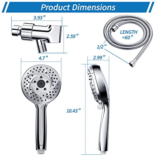 Atthomie Modern Shower Head with 6 Spray Settings, Anti-Clog Detachable & Removable, 60 Inch Stainless Steel Hose, Adjustable Brass Joint, Tool-Free Installation