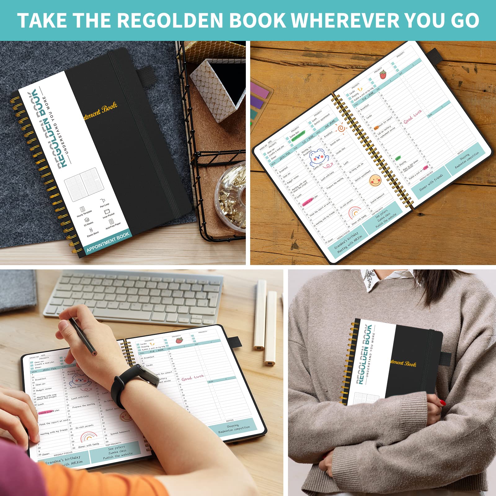 Appointment Book Undated Planner , Regolden-Book Daily Hourly Schedule Planner with 30-Minute Increments, Appointment Hardcover notebook with Weekly Templates, Hardcover, Spiral Binding Notebook for Man & Women, Pen Loop, Inner Pocket 53 Weeks (5.5x8.5”)