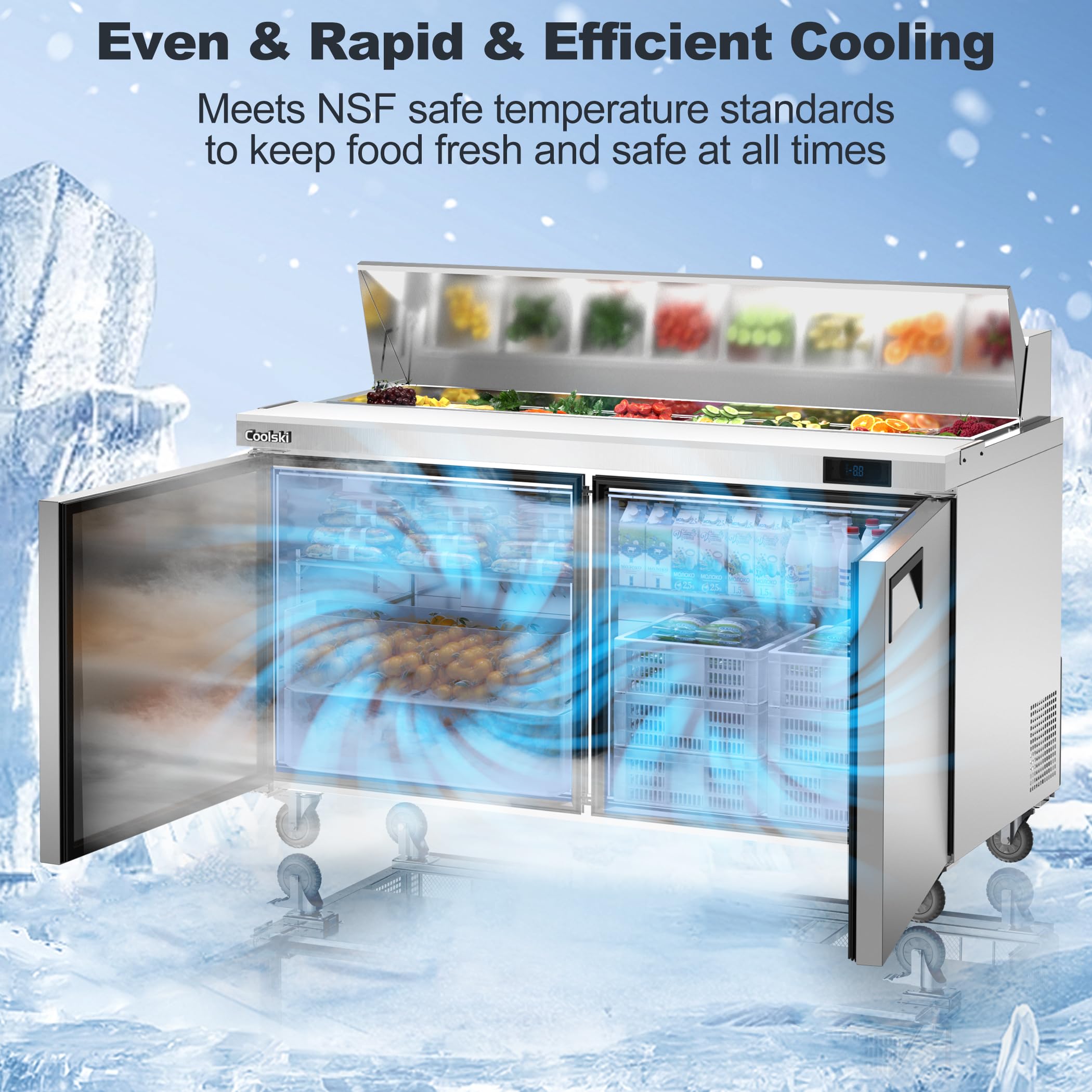 Coolski 60ββ W 2 Door Commercial Refrigerator, Refrigerated Sandwich Salad Prep Table with 16 Pans/Mega Top/Cutting Board, 18 Cu.Ft. Large Capacity Stainless Steel ETL NSF Approved