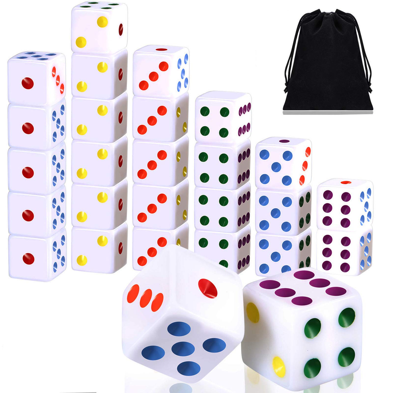 Gejoy 50 Pieces Six Sided Dices 16mm Standard Solid Dice White with Multi-Color Pips Square Corner Dices Set for Board Games and Teaching Math Farkle