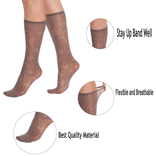 AWS/American Made Sheer Knee High Socks for Women Pack of 3 Pairs 15 Denier Stay up Band (Mink Flower Patterned)