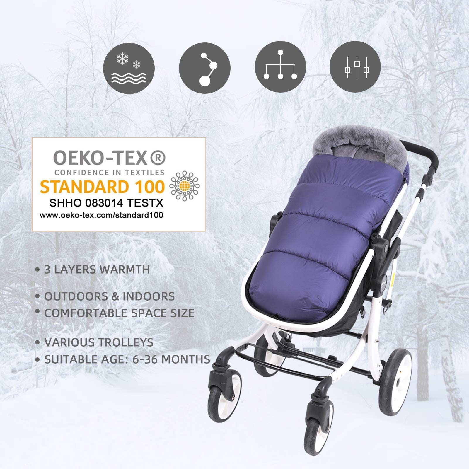 AtBabyHome Stroller Footmuff, Warm Baby Bunting Bag, Universal Stroller Sleeping Bag with Adjustable Fur Collar Scarf for Cold Winter