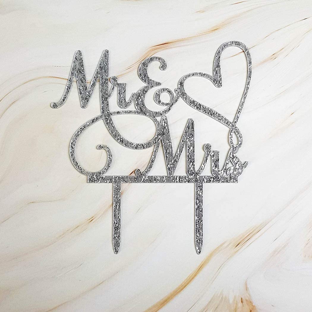 AMINJIE Mr and Mrs Cake Topper Decoration For Bride and Groom Sign Wedding/Engagement , Silver Glitter Acrylic