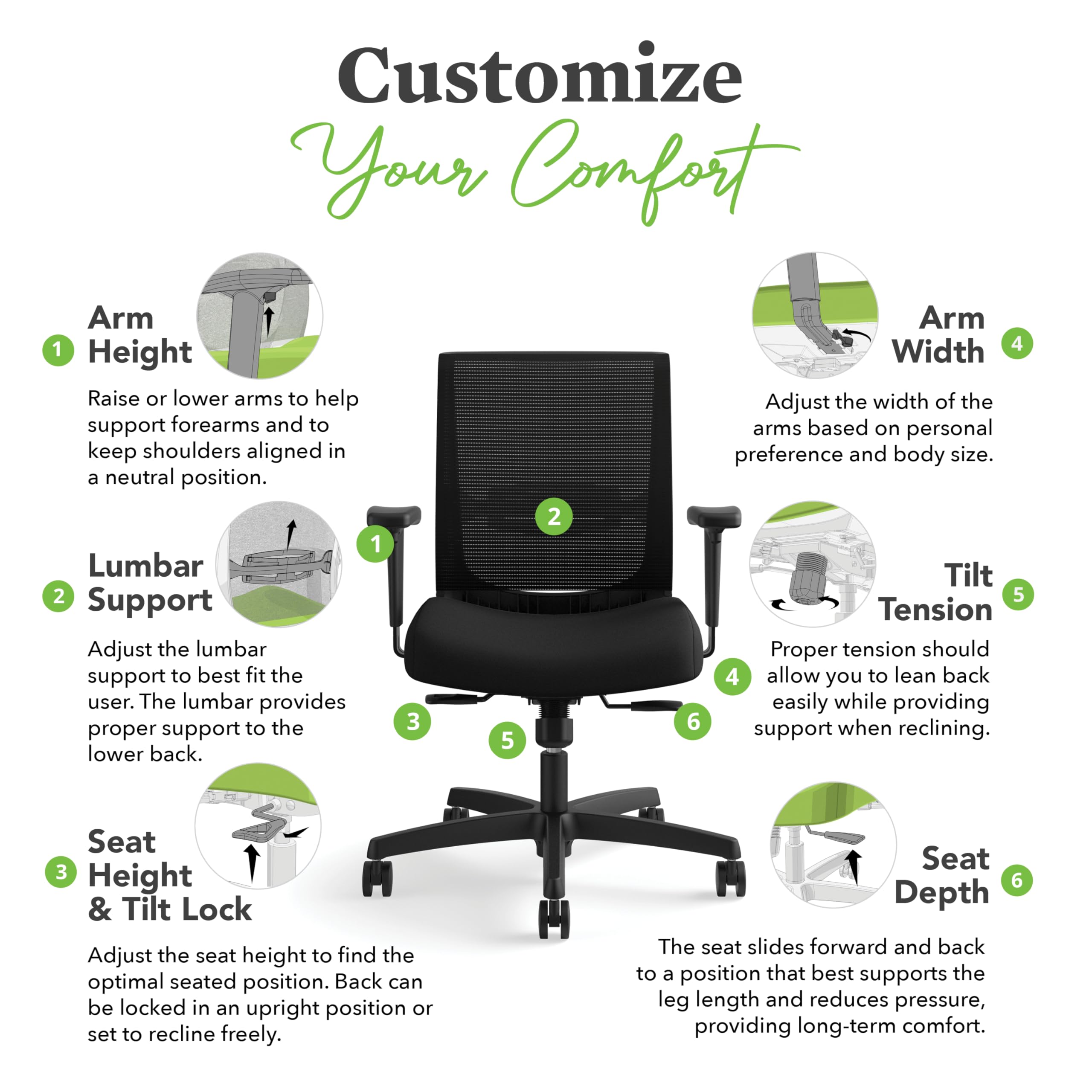 HON Convergence Ergonomic Office Chair Mesh Back Computer Desk Chair with Wheels - Comfortable Home Office Chair, Rolling Swivel, Adjustable Arms, Lumbar Support, Synchro-Tilt Recline