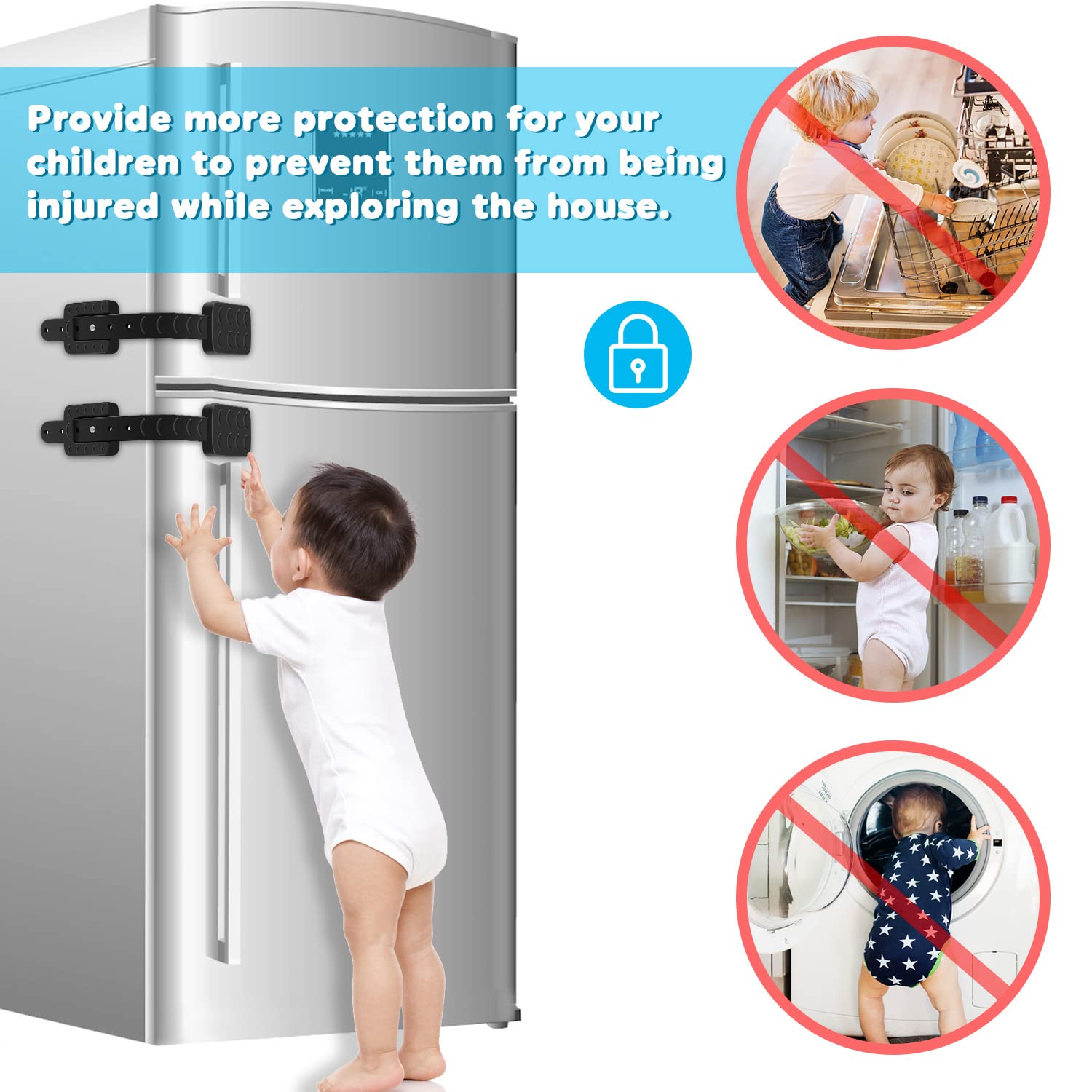 Baby Locks for Drawers(10 Pack) Safety Strap Locks Multi-Use Adhesive Straps Locks,for Cabinets and Drawers,Fridge,Oven,Toilet,Flexible Adjustable No Drilling Required Easy Installation-Black
