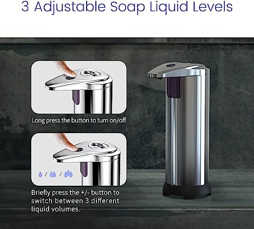Automatic Soap Dispenser/ (2023 New) Touchless 3 Adjustable Levels Hand Sanitizer Dispenser for Liquid, Waterproof Base and 2 Smart Sensors, Stainless Steel for Bathroom & Kitchen, Bright Silver