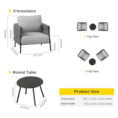 EAST OAK Life Chatter 3-Piece Patio Bistro Set, 2 Armchairs with Thick Cushion & Coffee Table,Deep Seating Patio Furniture for Garden Porch Balcony, Earth Black & Misty Grey