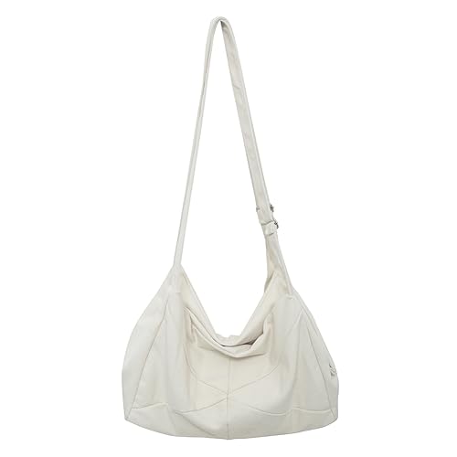 ASIEIT Unisex Canvas Crossbody Bag Wide Adjustable Strap Casual Messenger Bag Versatile Zipper Satchel Bag Large Capacity Foldable Slouchy Travel Bag (White)