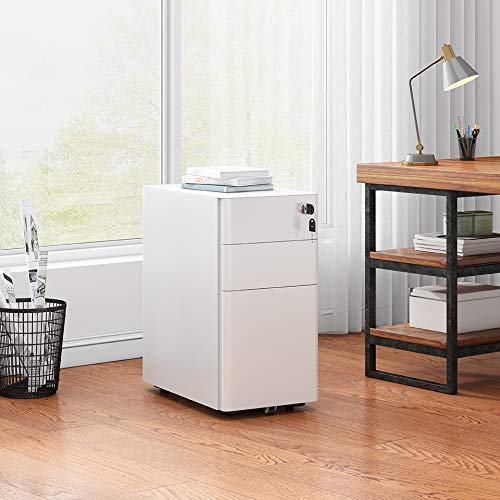 AMISEN File Cabinet，3-Drawer Metal Mobile Filing Cabinets Office Drawer with Lock，Slim Storage Cabinet for Legal/Letter/A4 File, Fully Assembled Including Casters, White