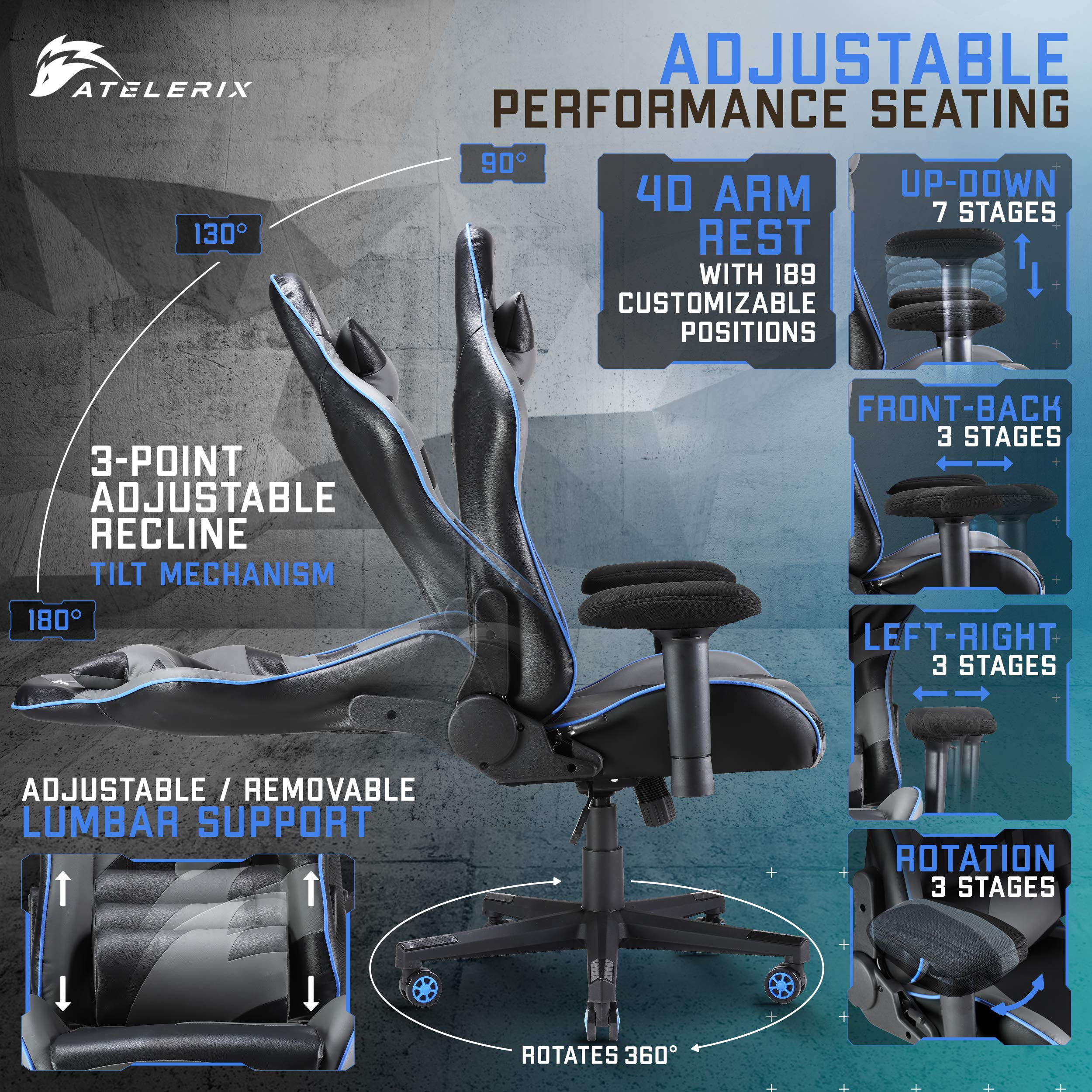 Atelerix Ventris Gaming Chair - PU Leather, Fabric, & Extra Wide Options - Office or Computer - Tilting & Ergonomic Adjustable Swivel Game Chair w/ 4D Covered Armrests, Headrest & Lumbar Support