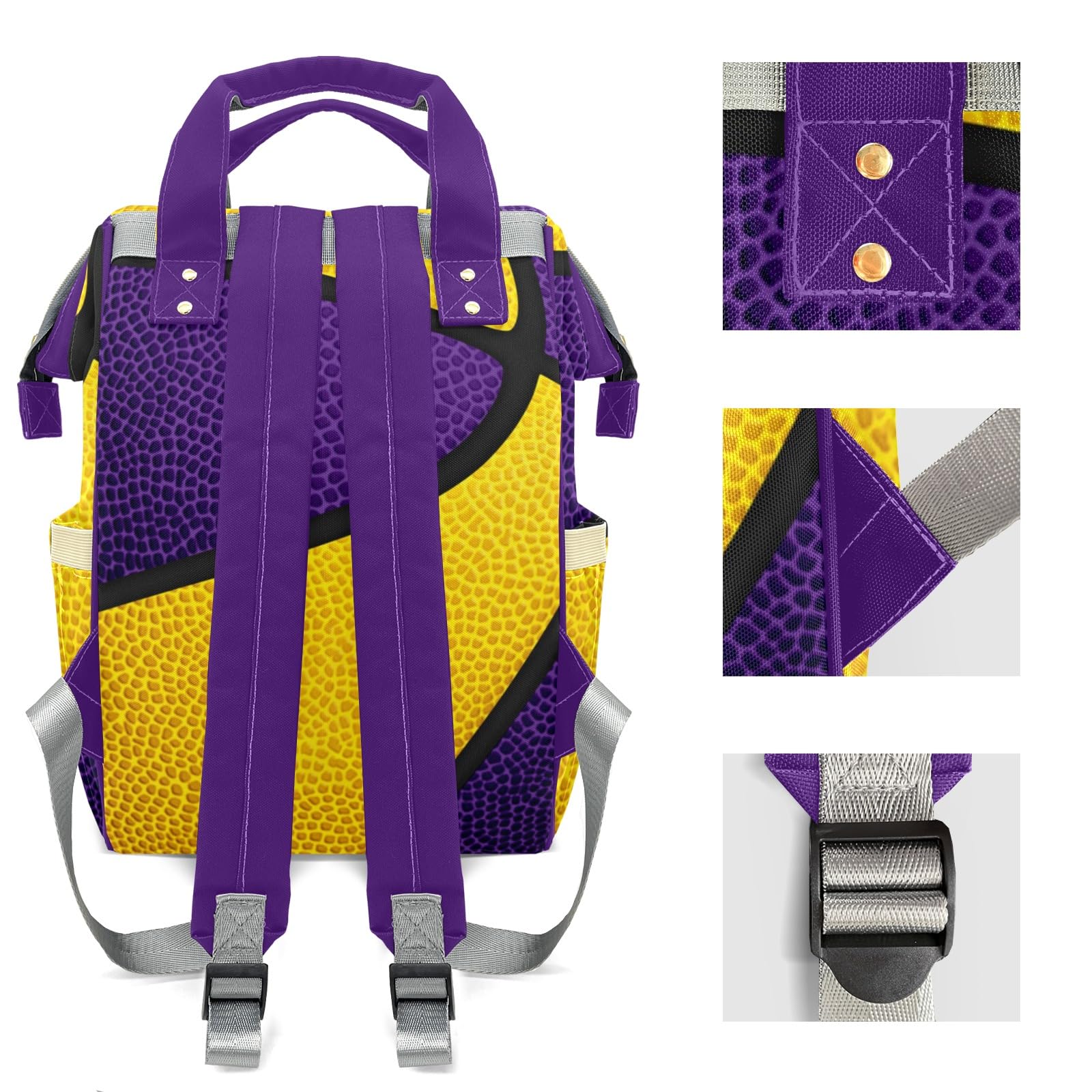 Anneunique Personalized Purple Yellow Basketball Print Tote Bag Backpacks Custom with Text Mommy Bag Gift for Boy Girl