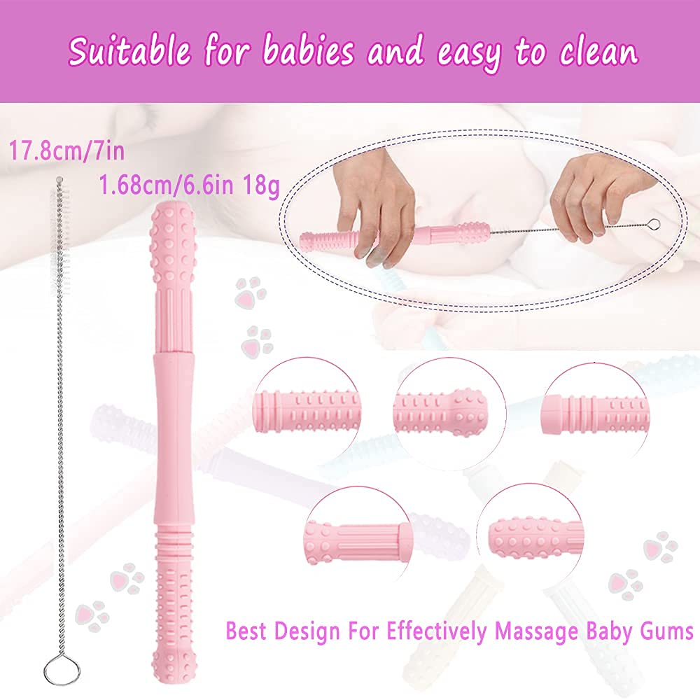 Honboom Soft Silicone Teething Tubes, 5 Pack Hollow Baby Teether Tubes, Baby Chew Straw Toy Soothing Teether Toy for Babies 0-12 Months with a Cleaning Brush, BPA Free (6.69 in)