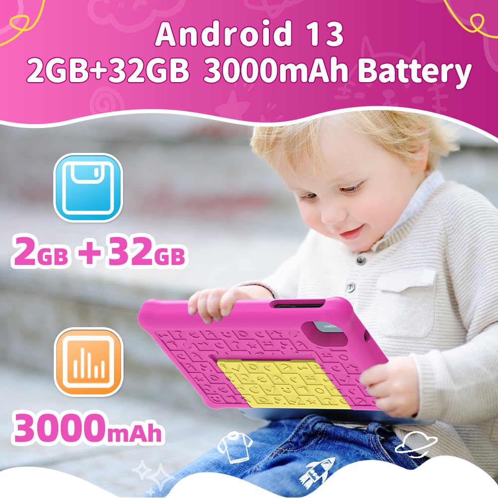 ApoloSign Kids Tablet with Case 7-inch Android 13 tablet for kids, 32GB, Parental Control, WiFi, Bluetooth, Educational Apps Latest Upgrade (Pink)