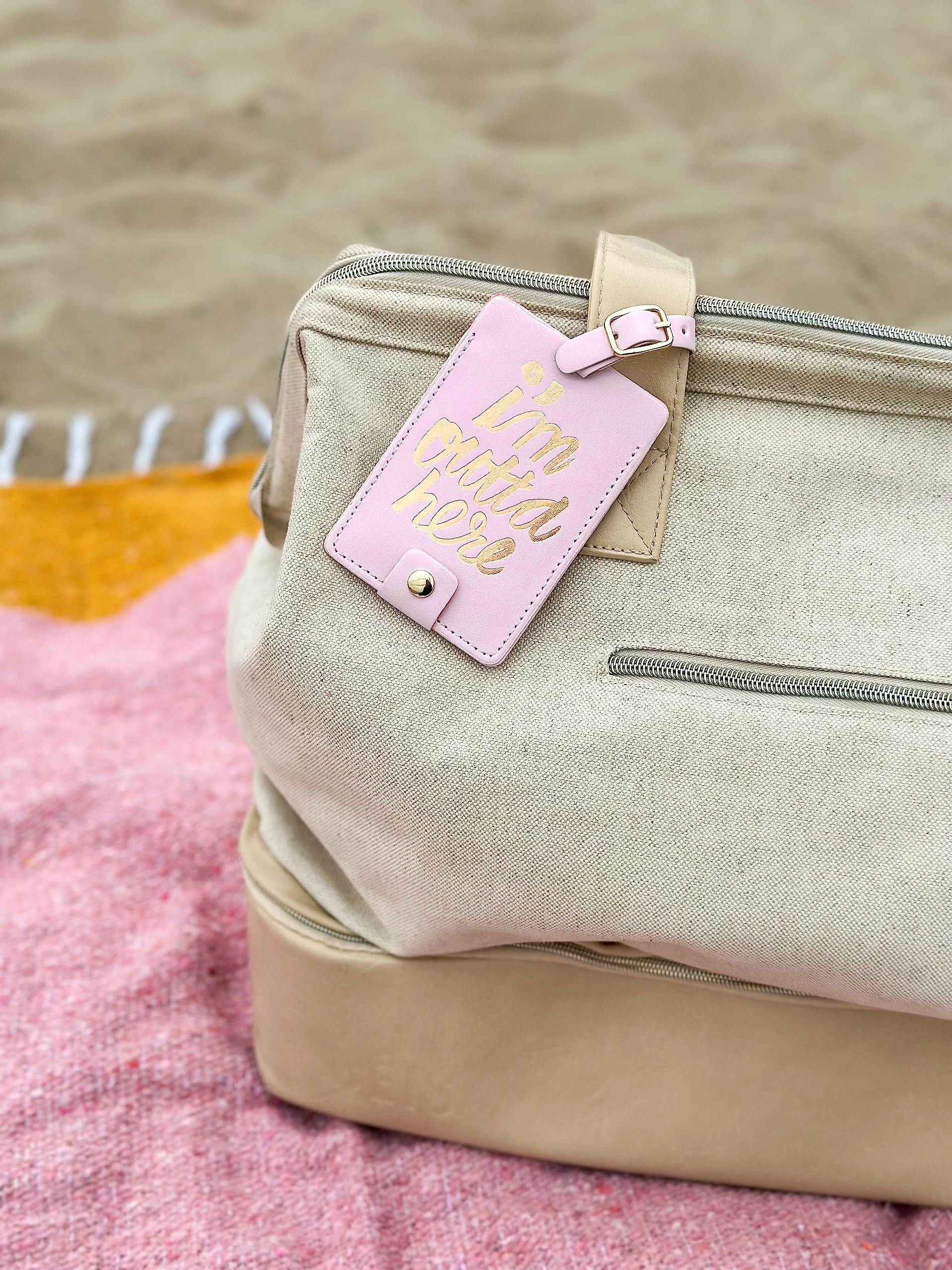 Ban.do Getaway Suitcase Tag for Travel, Pink Durable Vegan Leather Luggage Identifier, I'm Outta Here